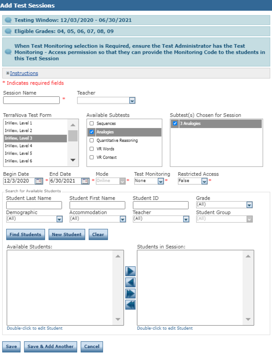 STEP 5: Create and Manage Test Sessions – TerraNova NEXT Training